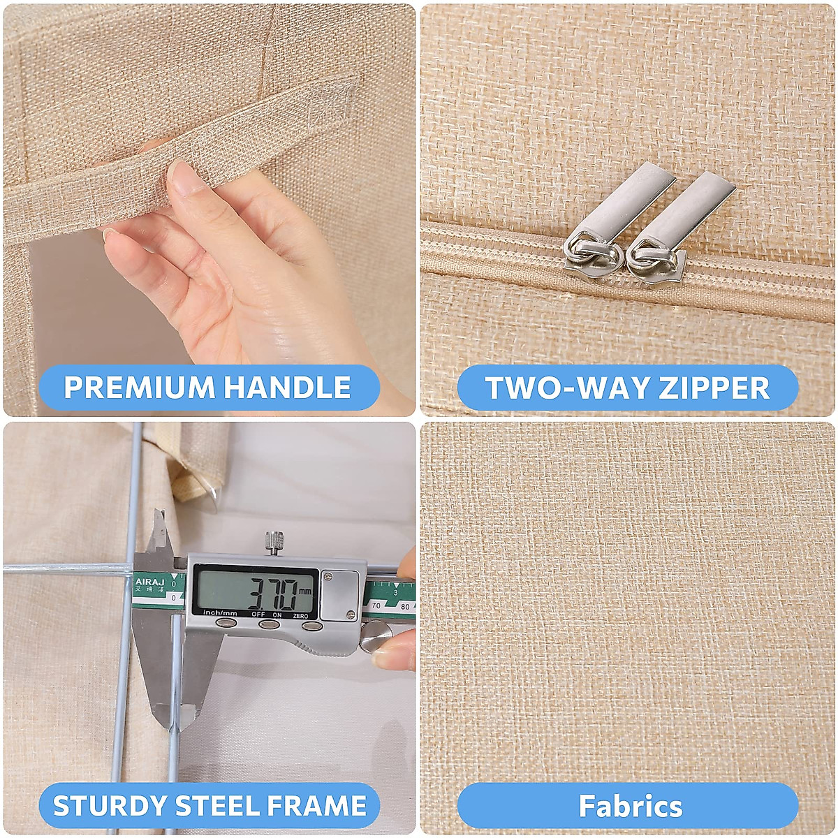 Clothes Storage Bins Box - Linen Fabric Foldable Stackable Container Organizer Set with Clear Window & Carry Handles & Metal Frame - 2Pack Large Capacity for Bedding, Blankets, Books