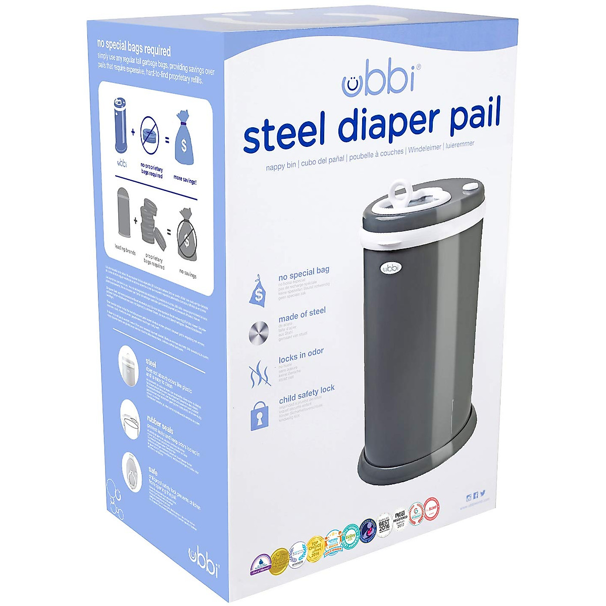 Ubbi Steel Diaper Pail, Odor Locking, No Special Bag Required, Award-Winning, Registry Must-Have, Slate