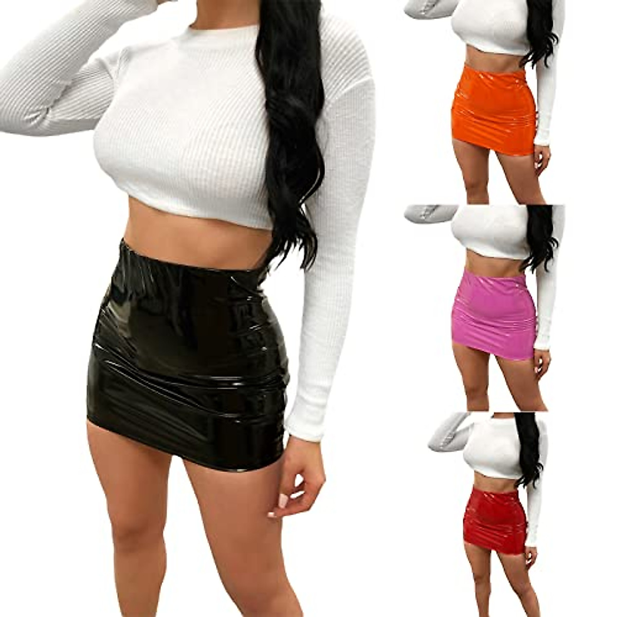 Louatui Y2k Leather Mini Skirt for Women High Waist Bodycon Pencil Skirts Sexy Shiny Metallic Short Skirt (Red, S)