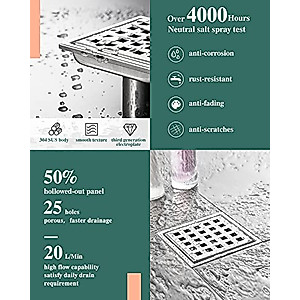 KUZOR Square Shower Drain 4 inch, Brushed Nickel 2 Pack Floor Drains for Shower with Flange and Hair Strainer, Brushed 304 Stainless Steel Quadrato Pattern Grate Removable, Fast 6.5 GPM Drainage