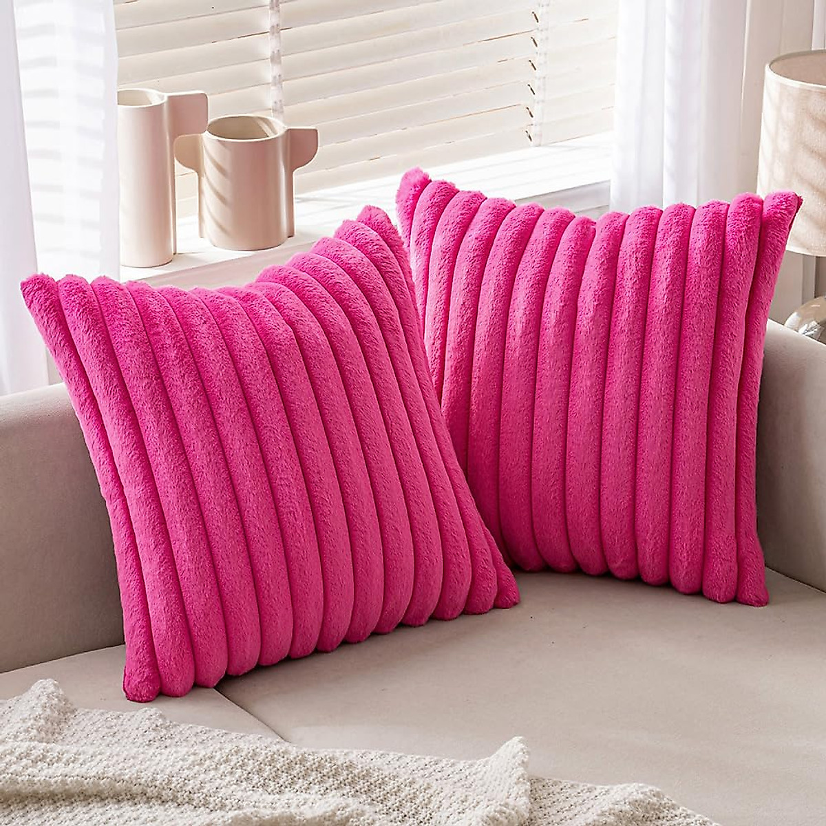 MIULEE Hot Pink Throw Pillow Covers 18x18 Inch Set of 2 Fuzzy Striped Soft Pillowcase with Velvet Back Faux Rabbit Fur Cushion Covers Decorative Home Decor for Couch Sofa Bedroom Livingroom