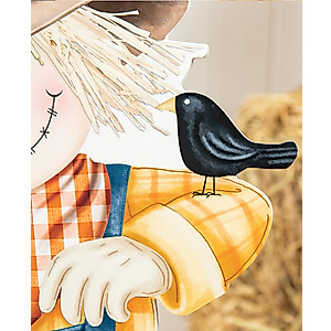 glitzhome GH31362R1 Fall Wooden Welcome Scarecrow Porch Sign Hanging Wall Decor, Orange