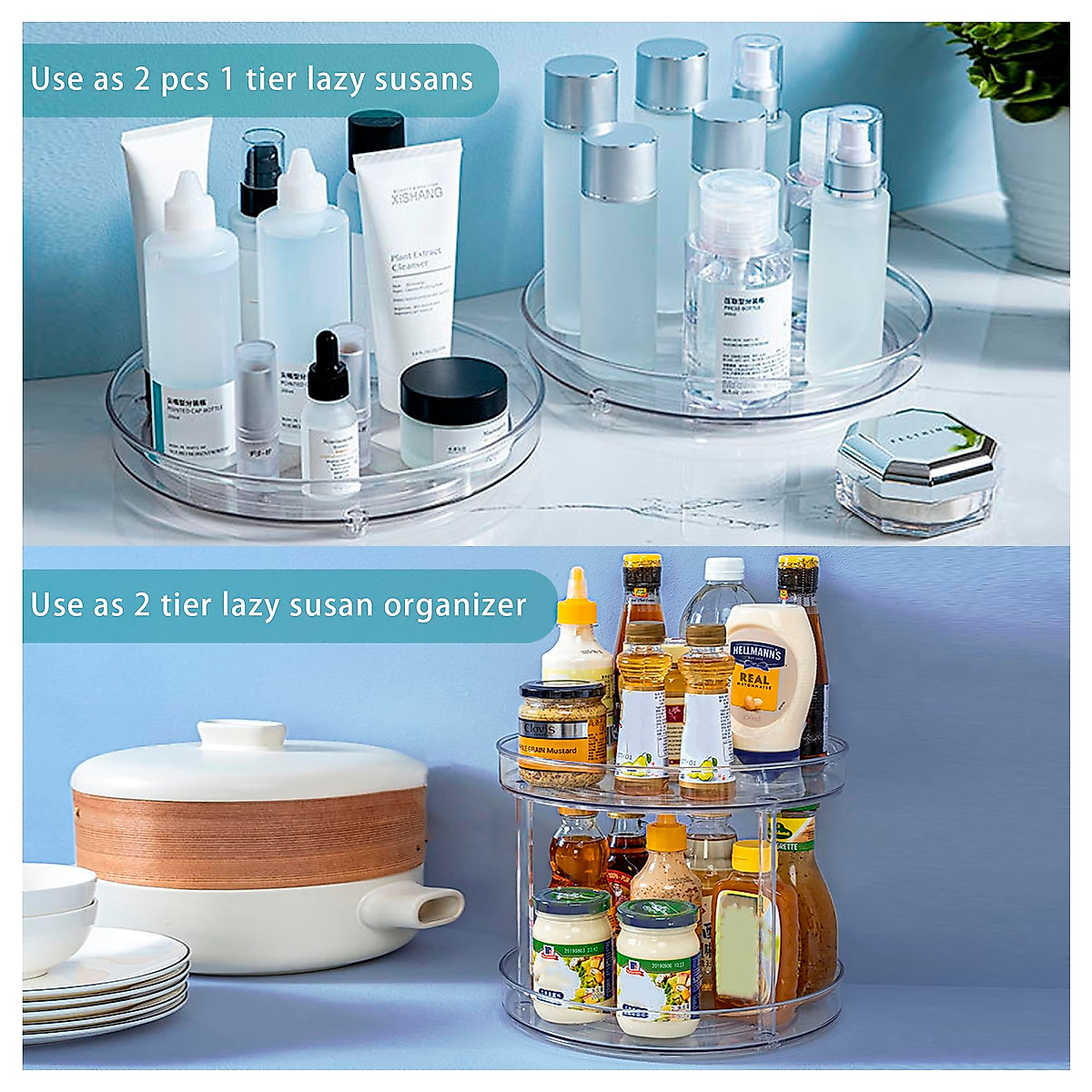 YTXXDEUS 2 Tier Lazy Susan Bathroom Organizer,10.6 Inch Clear Spice Rack Turntable for Kitchen Cabinet, Perfume Organizer for Vanity, 360 Rotating Tiered Tray for Cupboard, Pantry, Bathroom, Table