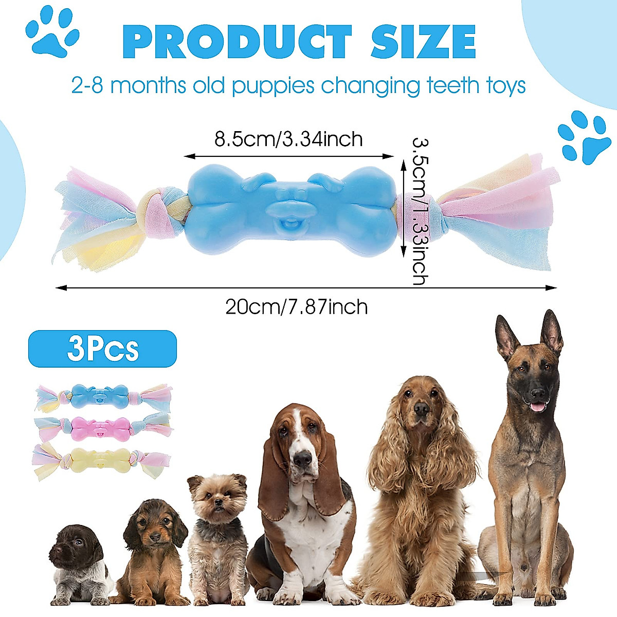 cobee 3 Pack Puppy Teething Chew Toys, Cute Dog Face Teething Chew Toy with Interactive Cotton Ropes for Dogs Oral Teeth Sotthe Itching(Pink, Blue, Yellow)