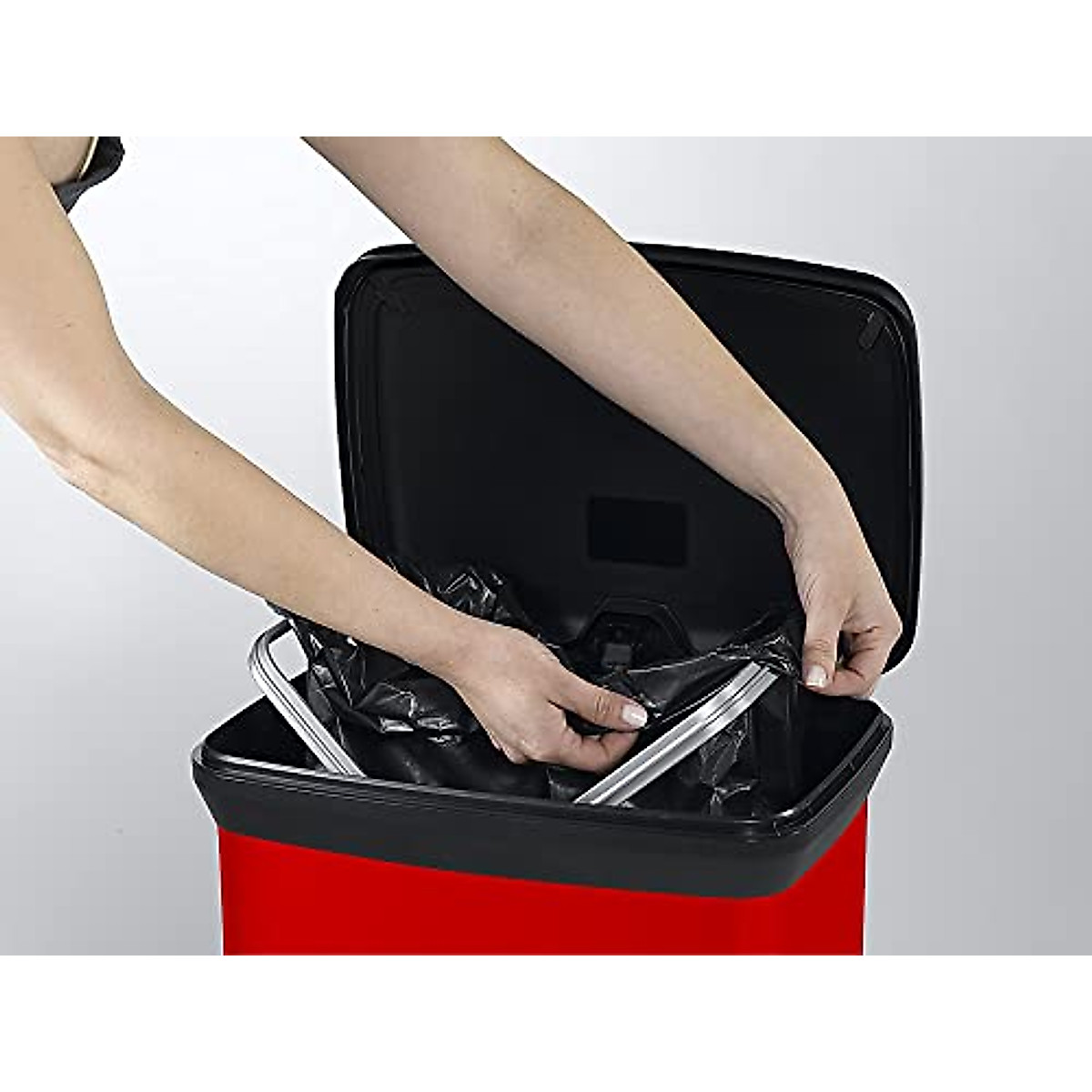 CURVER Metal Effect Kitchen One Touch Deco Bin, Red, 50 Litre