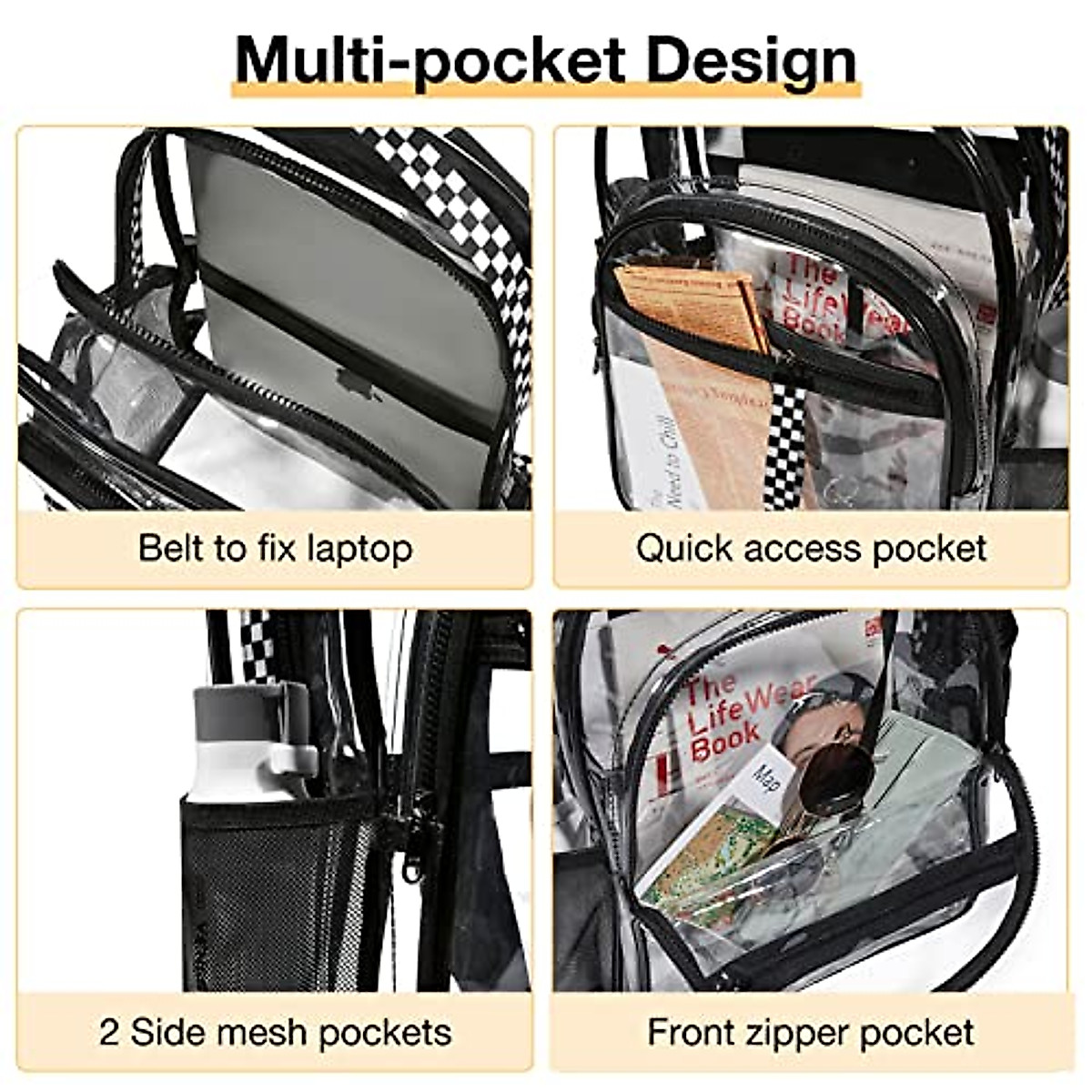 LIGHT FLIGHT Large Clear Backpack with Reinforced Padded Straps Heavy Duty PVC Transparent Backpack See Through Bookbags for Work,Travel, Black