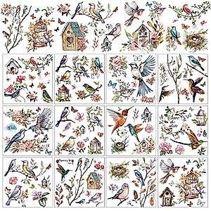 Whaline 12 Sheets Birds Flowers Rub on Transfers for Crafts and Furniture Classic Birds Floral Rub on Transfer Sticker 5.5 x 5.5 Inch Vintage Furniture Decals for Home Office Paper Wood DIY Craft