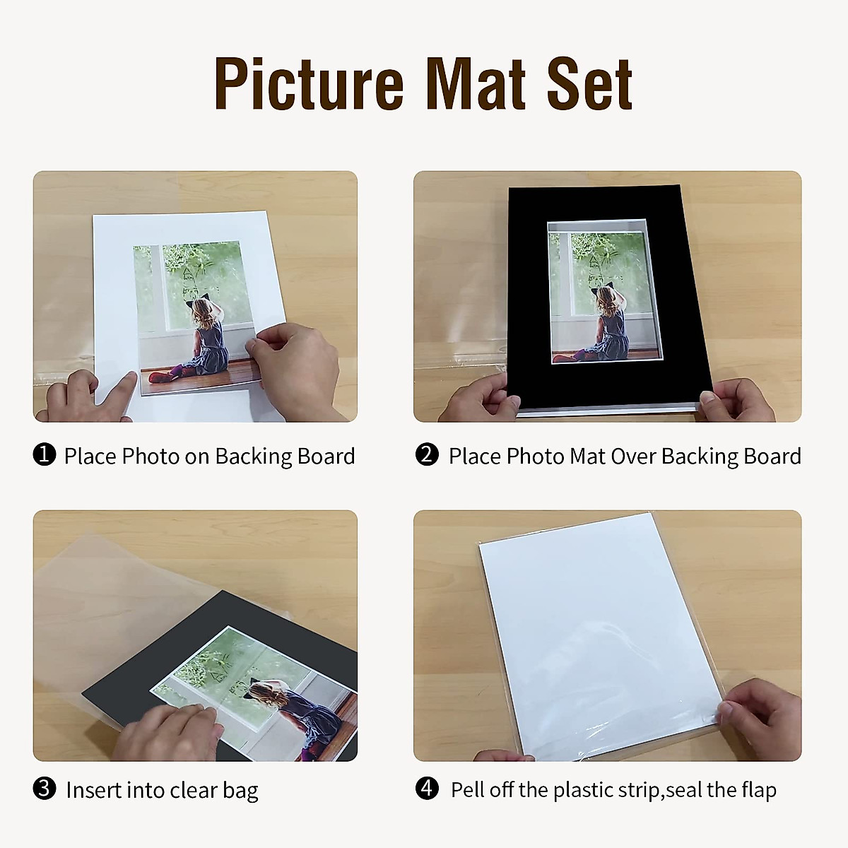 Falling in Art 5 Pack Acid Free 16x20'' Black Picture Mats Board Show Kit for 11x14'' Pictures, 4-Ply Beveled Pre-Cut Photo Boards with Backing Board and Plastic Clear Bags