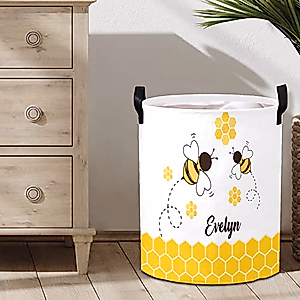 Personalized Laundry Basket Hamper,Bee Honeycomb Yellow,Collapsible Storage Baskets with Handles for Kids Room,Clothes, Nursery Decor