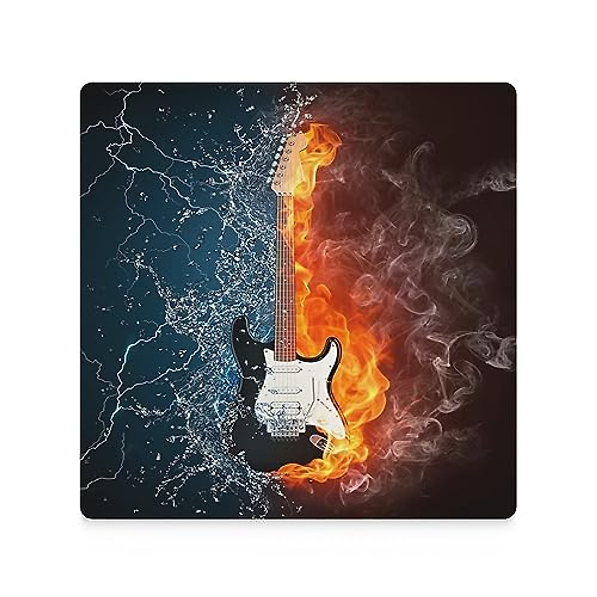 Electric Guitar in Fire and Water Square Ceramic Coasters for Drink Absorbent Coffee Cup Cork Holders Table Modern Decorative
