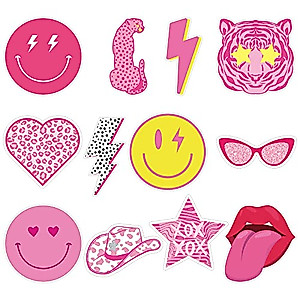 24 Pieces Preppy Theme Cutouts Preppy Party Decoration Pink Party Cut Outs Smile Face Favors Star Lightning Lips Cutouts for Preppy Style Birthday Wedding Baby Shower School Bulletin Board Supplies