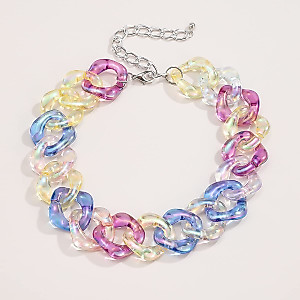 Xerling Colorful Rainbow Acrylic Link Chain Necklace Punk Chunky Boho Iridescent Necklace for Women Teen Girls Multi-Colored Curb Chain Choker for Party Modern Necklace