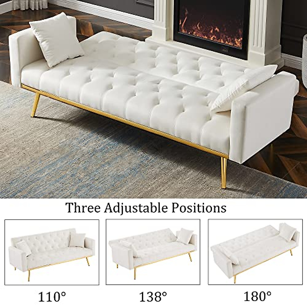 Tmosi Velvet 73'' Convertible Folding Futon Sofa Bed with Removable Armrests for Compact Living Space,Twin Size Loveseat Sofabed with 3 Adjustable Backrests for Bedroom (White)