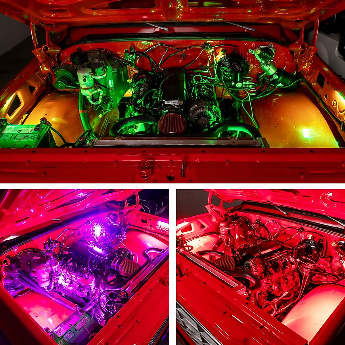 LEDGlow 6pc Million Color LED Engine Bay Under Hood Lighting Kit - 15 Solid Colors - 9 Patterns - 6" Multi-Color Flexible Tubes - Includes Control Box & Wireless Remote