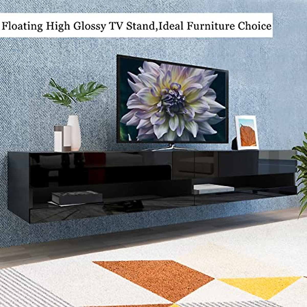 Uspeedy 71in Floating TV Stand, High Gloss Entertainment Center for TVs Up to 80 inch,Led Stand Wall Mounted with LED Lights,TV Console Shelf,Media Furniture(Black 1)