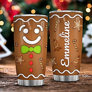 Wassmin Personalized Christmas Tumbler Cup With Lid 20oz 30oz Gingerbread Stainless Steel Double Wall Vacuum Insulated Tumblers Coffee Travel Mug Xmas Holiday Gifts For Men Women Kids Custom Name