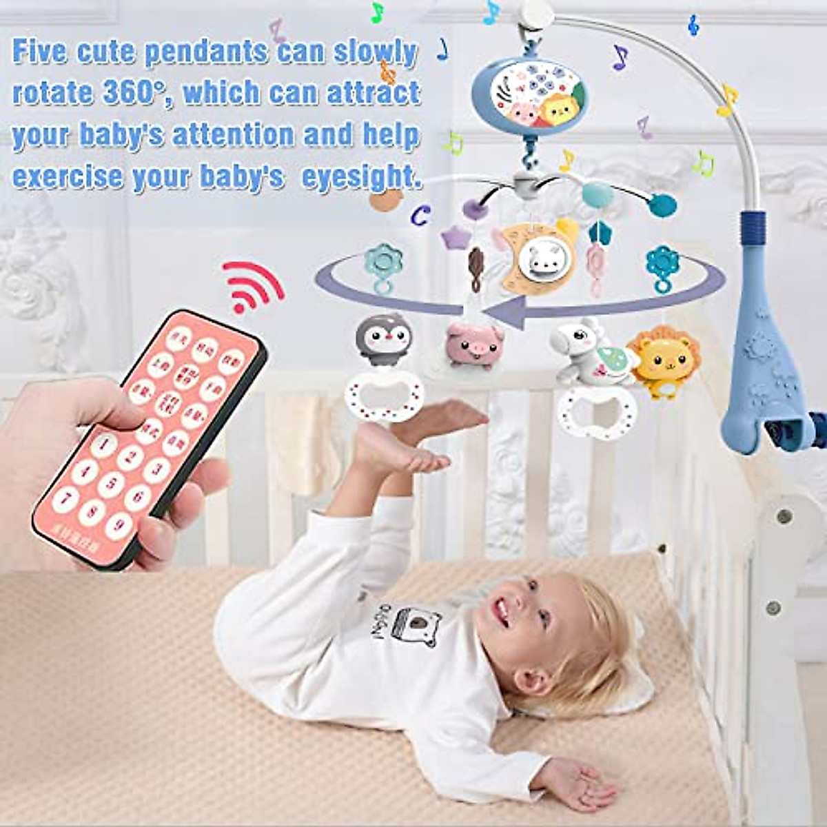 Remote Control Crib Toy,with Remote Starry Sky Projector and Crib Hanging Toy, Can Be Rotated 360°,Timed,Musical,Baby Cradle Mobile Toy, Suitable for Newborn Baby Gifts (Blue + Charging Models)