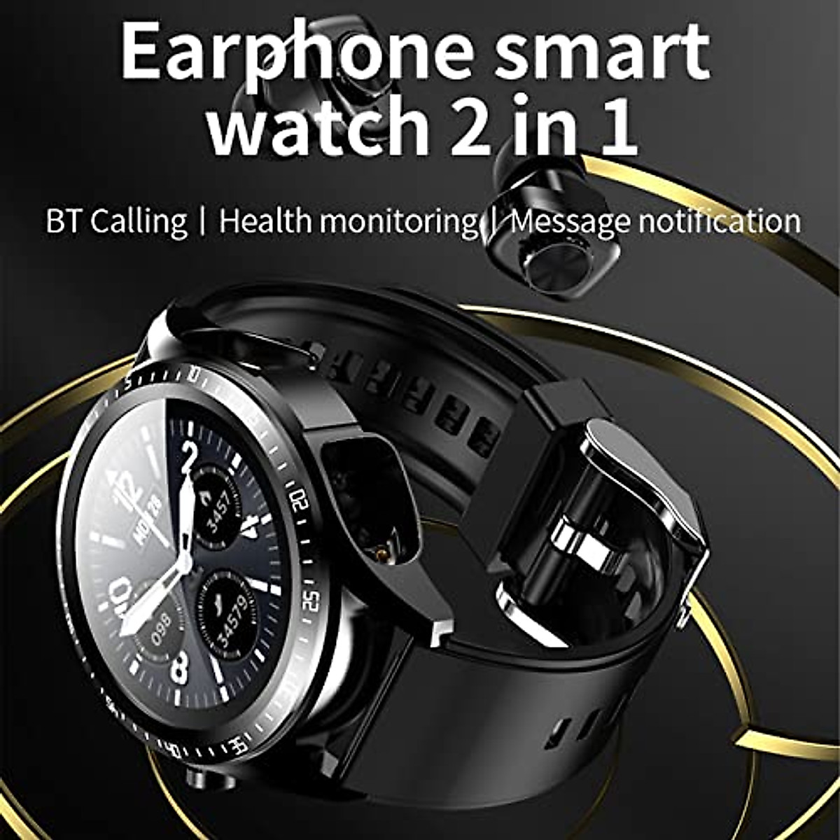 Smart Watch with Earbuds - 2 in 1 Round Fitness Track Watch, 1.28inch Smartwatch with Step, Heart Rate, Sleep Monitor, Waterproof Long Time Standby, Gifts for Men (Black)