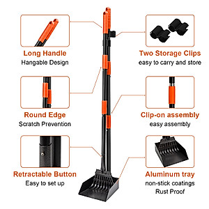 Twocorn Pooper Scooper, Dog Pooper Scooper Tray and Rake Set with Adjustable Stainless Steel Long Handle for Large Medium Small Dogs