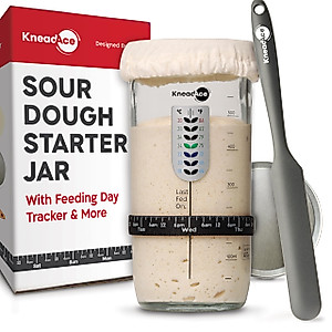 KneadAce Sourdough Starter Jar With Date Marked Feeding Band, Thermometer, Sourdough Jar Scraper, Sourdough Container Sewn Cloth Cover & Metal Lid, Sourdough Starter Kit For Sourdough Bread Baking