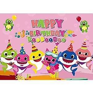 GRATULON Babe Shark Party Supplies for Birthday Decorations, Gratulon Vinyl Light-Weight Babe Shark Backdrop for Baby Shower and Kids’ Bedroom Wall Sticker Décor Pink 32”X50”