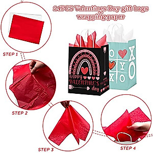 24 Pcs Valentines Day Gift Bags with Handle, Valentines Kraft Paper Bags with Tissue Paper, Treat Goodies Bag for Valentine's Day Party Favors Funny Gift Exchange Novelty Gift Giving Gift Wrapping