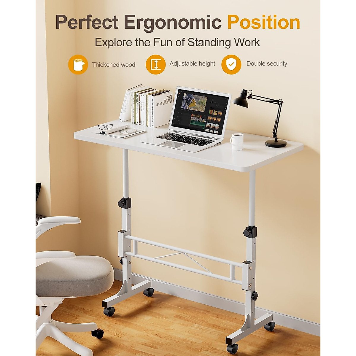 JHMYHO Portable Rolling Desks with Wheels Adjustable Height Small Laptop Desk Small Standing Desk for Small Space Uplift Mobile Work Desk on Wheels White