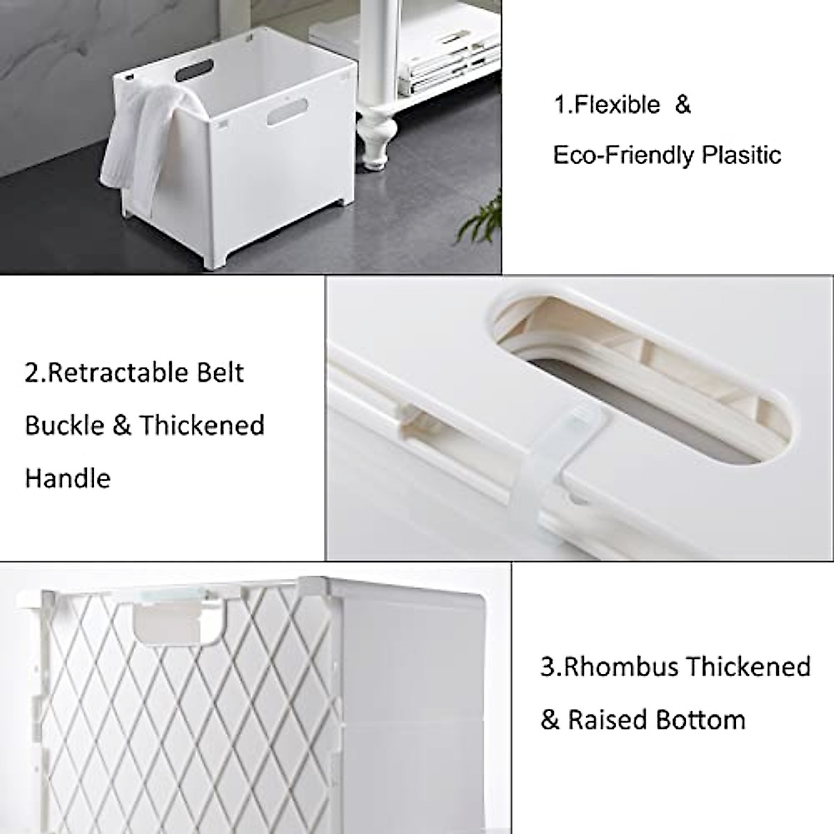 Alacati - Collapsible Laundry Baskets With Handles - Foldable Plastic Laundry Hamper Wall Mount - White Portable Dirty Clothes Baskets Square - Space Saving Flexible Bathroom Storage Organizer Bin