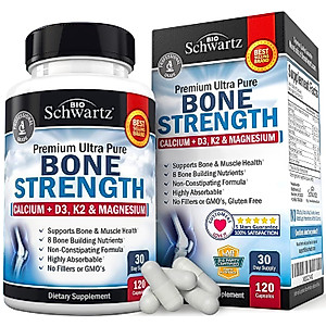 Bone Strength Calcium Supplement - With Calcium, Vitamin D3, K2, C, Magnesium, Zinc - 8 Bone-Building Nutrients, High Absorption, Non-Constipating Formula - 120 Veggie Capsules for Optimal Bone Health