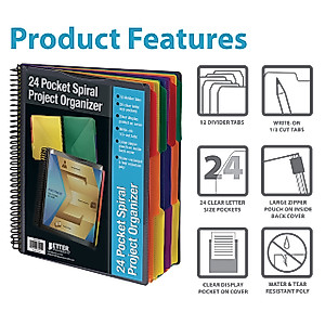 24 Pocket Poly Spiral Project Organizer, Heavy Duty, with Back Cover Utility Pouch, 1/3 Cut Tabs, 12 Tab Color Dividers, Clear View Front Cover, Letter Size, Project Folder, by Better Office Products