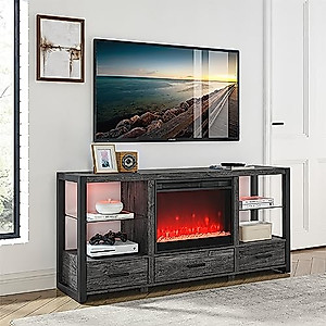 TopCity 60" Fireplace TV Stand for Up to 70" TV Farmhouse Entertainment Center with 24" Electric Fireplace Media Console Cabinet with LED Light for Living Room (Gray)