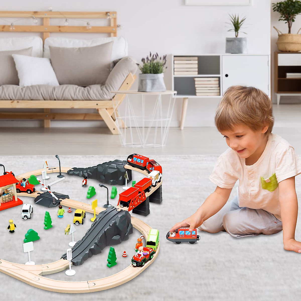 Battery Operated Train Set for Wooden Train Track (w/sound & Magnetic Connection), Powerful Engine Action Locomotive Train Set Fits Brio, Thomas, Chuggington Wooden Tracks, Train Toys for Toddlers 3Y+