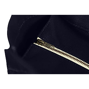 Tag&Crew Brooklyn Tote Canvas Bag with Leather Handles, Zippered Flap, 3 Pockets, Adjustable Shoulder Strap, Antique Brass Clips - Navy Blue