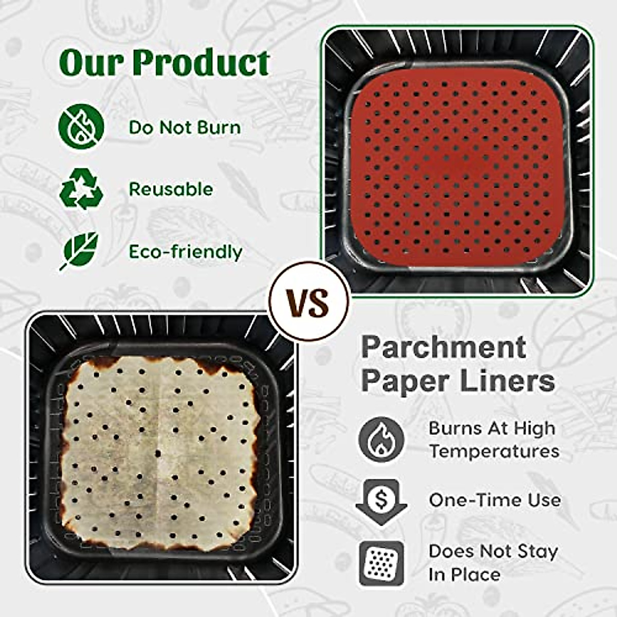 Reusable Silicone Air Fryer Liners by Linda’s Essentials (3 Pack) - Non Stick Easy Clean Air Fryer Liners Reusable Mats Air Fryer Accessories Includes Cheat Sheet And Recipe Book (Square (8.5 Inches))