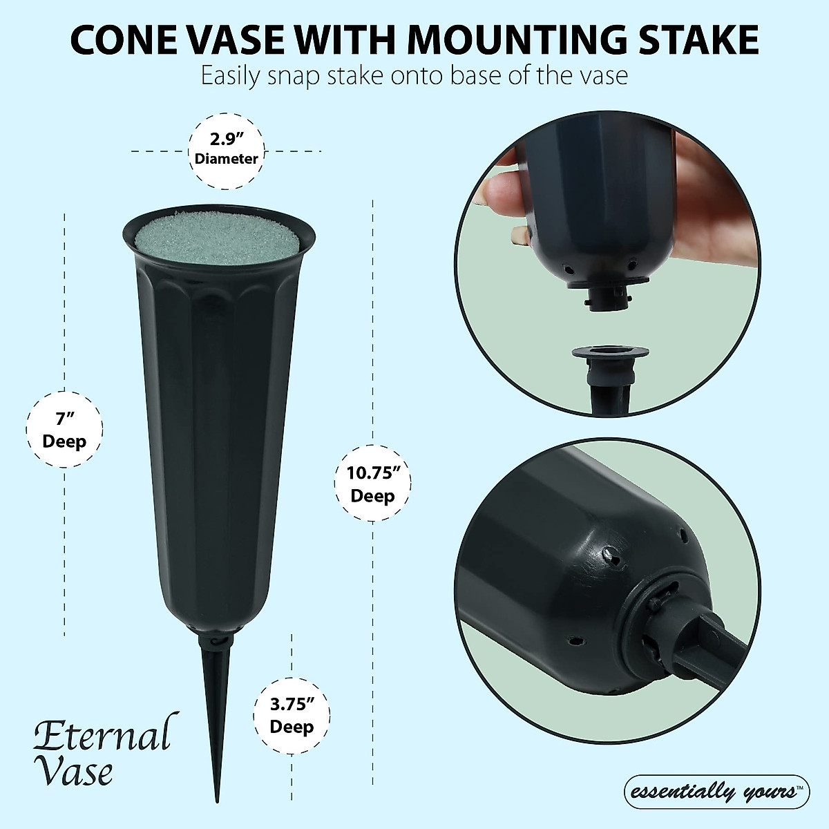 Essentially Yours Memorial Floral Vases with Foam Included - (Green, 6 Pack) | Outdoor In Ground Vases with Stakes, for Fresh and Artificial Flowers