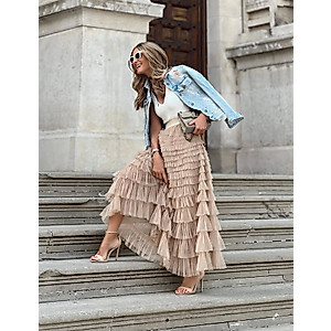 Perbai Womens Long Maxi Tiered Tulle Skirt High Waisted A Line Layered Mesh Tutu Skirts Petticoat(Champagne-M)