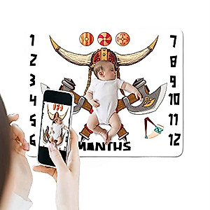 Viking Baby Monthly Milestone Blanket, 48x40in Soft Flannel, Helmet Ax Bone, Newborn Mom Gifts, Baby Shower Age Growth Tracker with Bonus Maker BTXFSS47