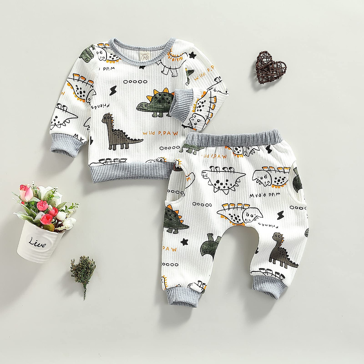 Newborn Infant Baby Boy Girls Clothes Printed Gender Neutral Long Sleeve Sweatshirts Fall Winter Pants Outfits Clothing (White, 0-3 Months)