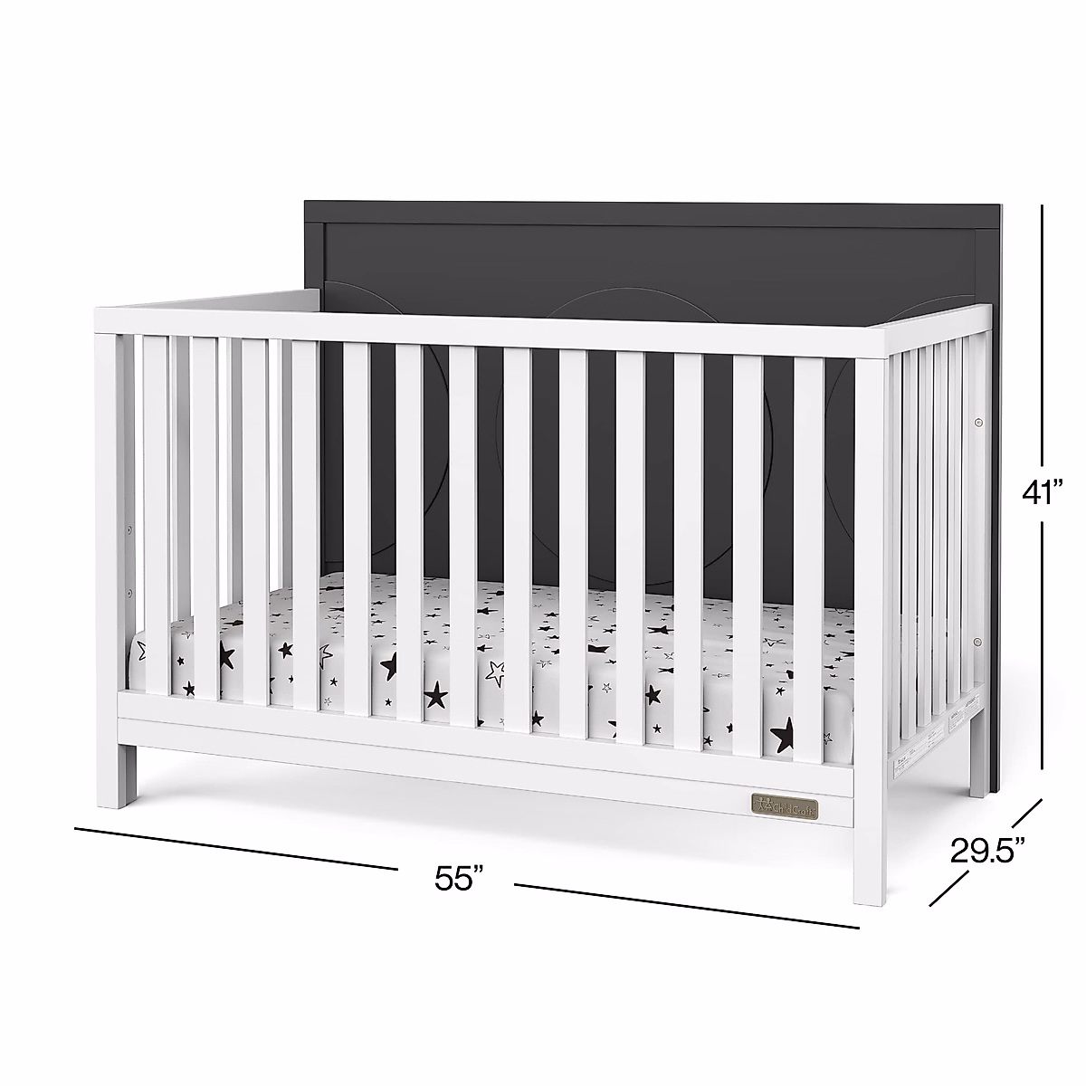 Child Craft Orbit 4-in-1 Convertible Crib, Baby Crib Converts to Day Bed, Toddler Bed and Full Size Bed, 3 Adjustable Mattress Positions, Non-Toxic, Baby Safe Finish (Ebony/Matte White)