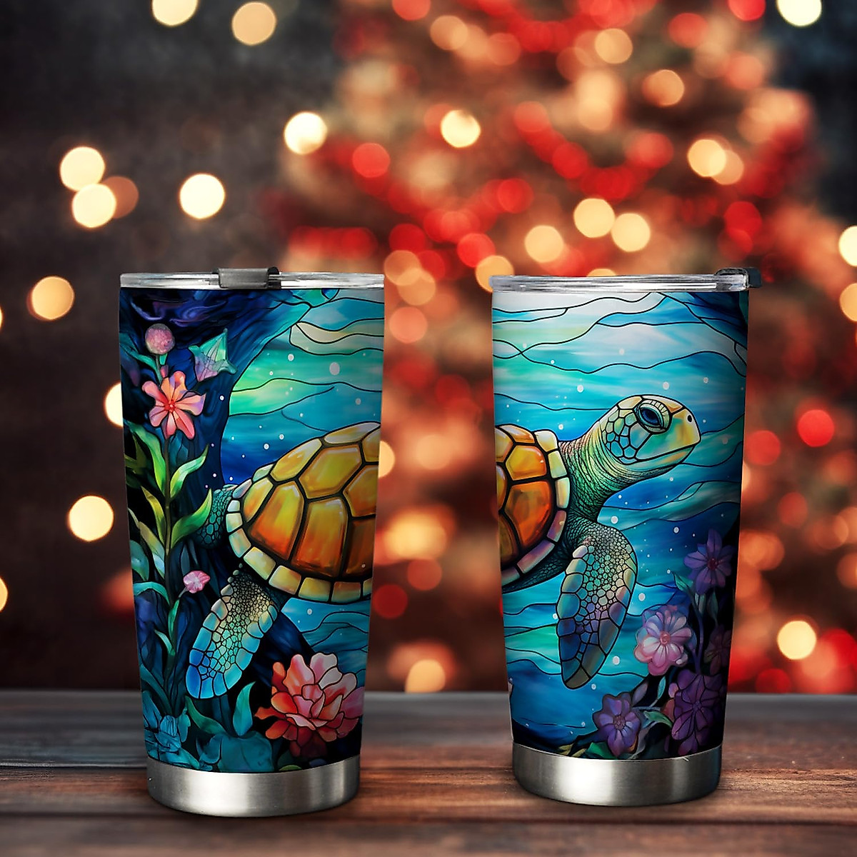 20oz Blue Stained Glass Flower Sea Turtle Tumbler, Gifts for Turtle Lovers, Ocean, Beach Gifts, Coffee Thermos for Women, Stainless Steel Double Wall Vacuum Insulated Coffee Mug, Travel Cup with Lid