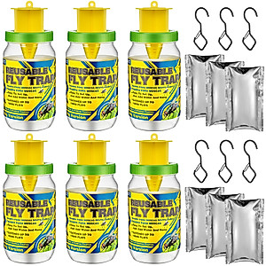 Qualirey 6 Pack Outdoor Hanging Fly Trap Bottles, Reusable Fly Killer Trap Catcher with Bait Refill for Outside Farms, Pastures, Chicken Coops, Stables, Barns, Garbage Cans, Yard, Backyard, Patio
