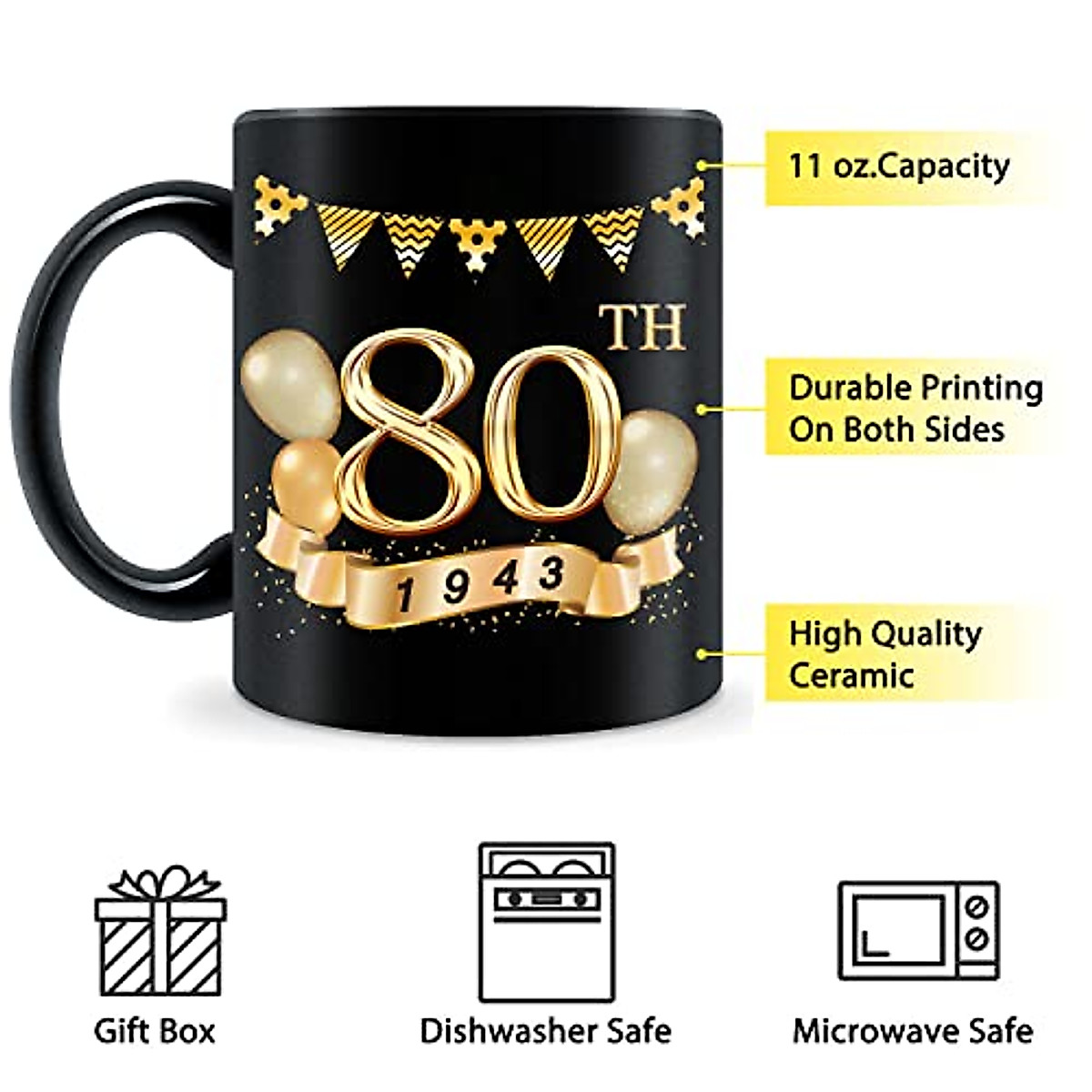 Greatingreat 1943 Old Time Information-80th Birthday Mug, Happy 80 Birthday Party, Turning 80 Birthday, 80th Bday For Her & Him, Eighty Birthday Mug, Milestone Birthday