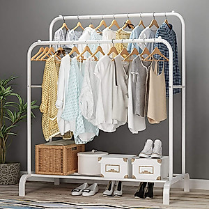 UDEAR Garment Rack，43.3 Inches Freestanding Hanger Double Pole Multi-functional Bedroom Clothing Rack, White