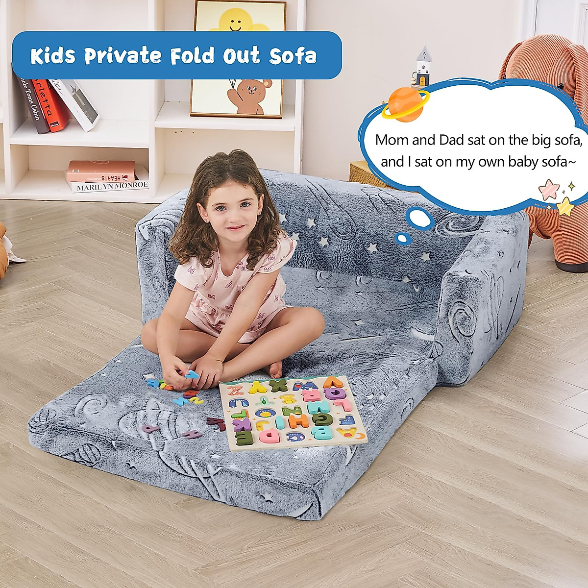 Toddler Chair Comfy,Toddler Couch,Extra Wider Seating,Glow in The Dark Kids Sofa Chair Space Moon Galaxy Soft Sofa Bed Gaming Room Decor Stuff Christmas for Kids Girl Boys