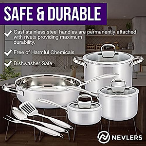 Nevlers 10 Piece Multi-Clad Tri-Ply 18/8 Stainless Steel Cookware Set - Pots and Pans Set - Makes for a Great Cooking Set for Your Kitchen - It is Dishwasher Safe Too!