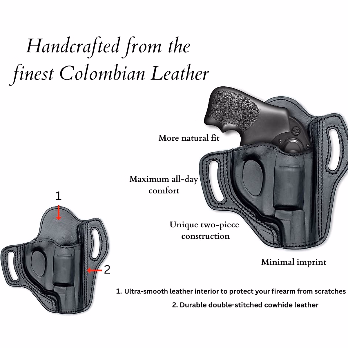 Cardini Leather OWB Leather Holster for S&W J Frame, for Ruger LCR and SP101, and Other 38 Special Snub Nose Revolver up to 2.25" Barrel- Midnight Black Right Hand