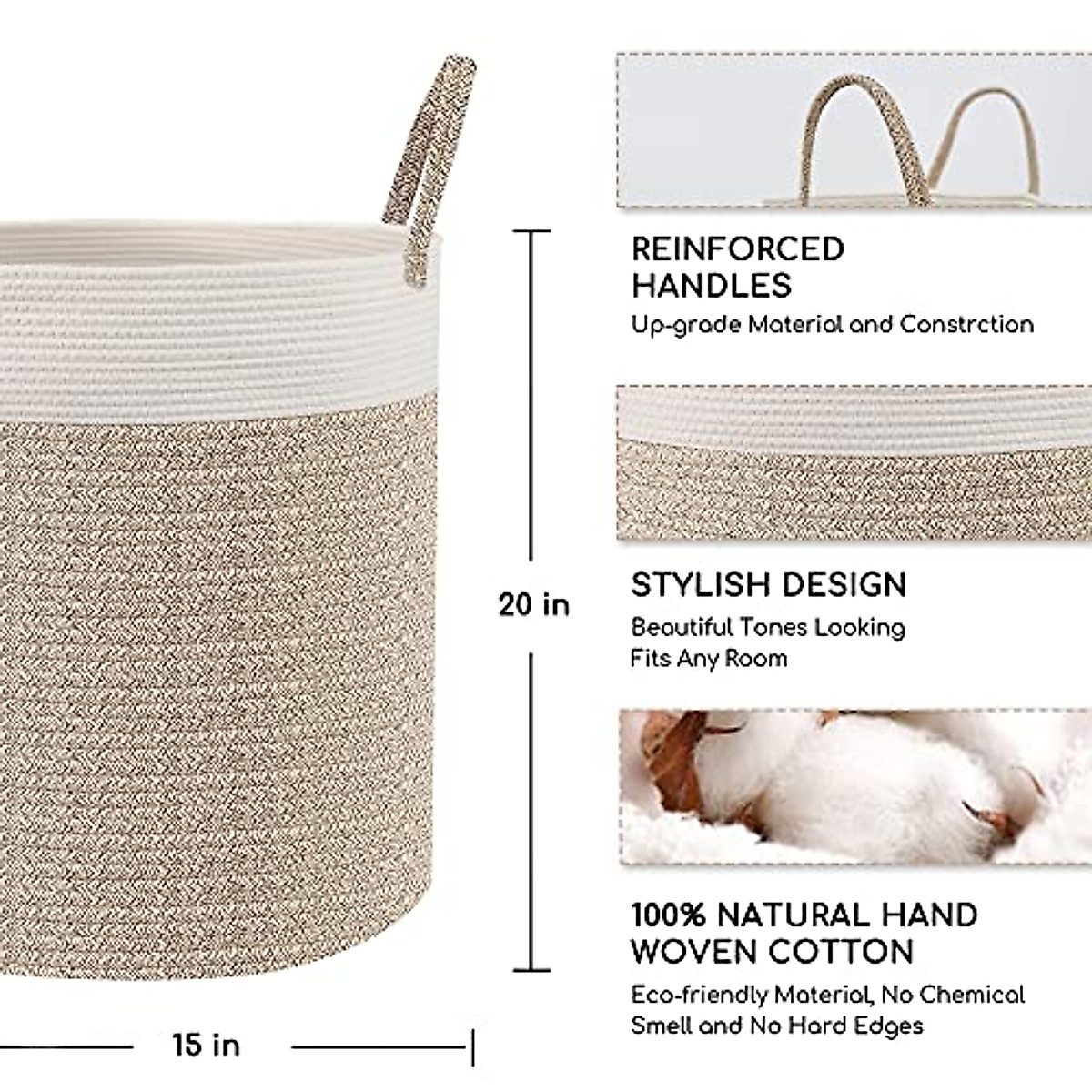 MXMHOME Large Laundry Hamper, 20" X 15" X 15" Tall Woven Rope Storage Basket for Blanket, Cotton Rope Basket Laundry Hamper for Clothes, Toys, Dirty Clothes, Soft Baby Hamper for Nursery, 58L, Brown