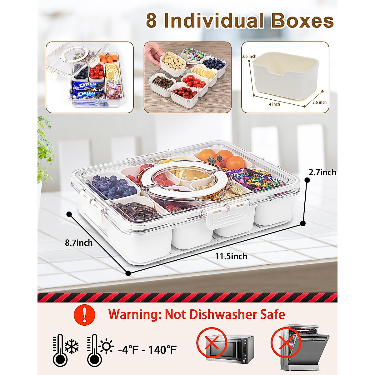 HAKPNEW Snackle Box Container with Lid & Handle, Divided Clear Snack Box Serving Tray, Refrigerator Organizers and Storage for Fruit, Candy, Charcuterie, Veggie, Perfect for Party, Travel, & Picnic