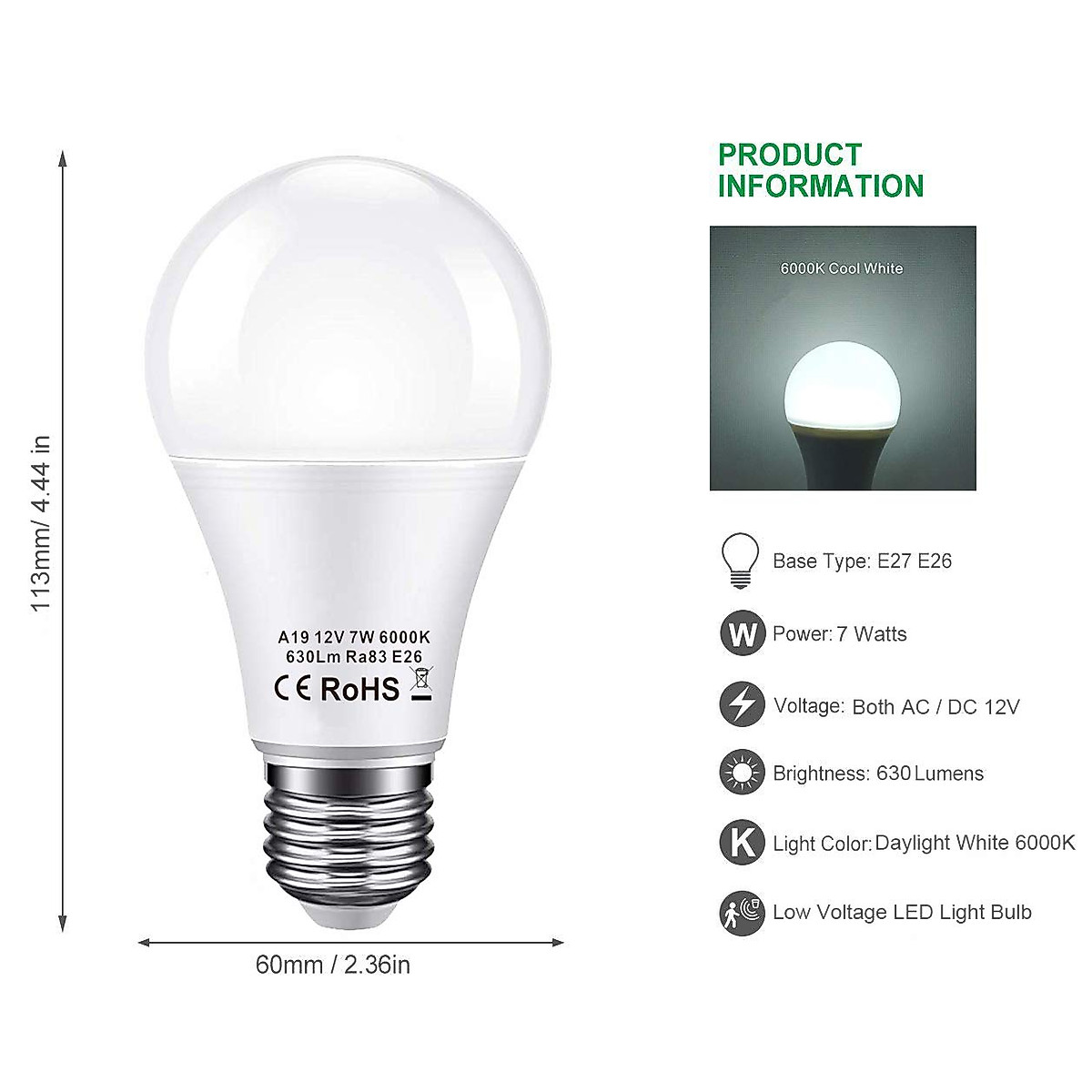 BAYSHE 12V LED Light Bulb 60Watt Equivalen E26 7W 630Lm 12 Volt Low Voltage Lights AC/DC 11-18V A19-12volt RV Marine Boat Landscape Lighting-6 Pack(6000K Daylight White)