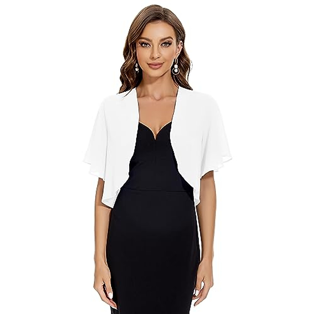 Women Soft Chiffon Shrug Sheer Ruffle Short Sleeve Cropped Bolero Cardigan for Dress(White,M)
